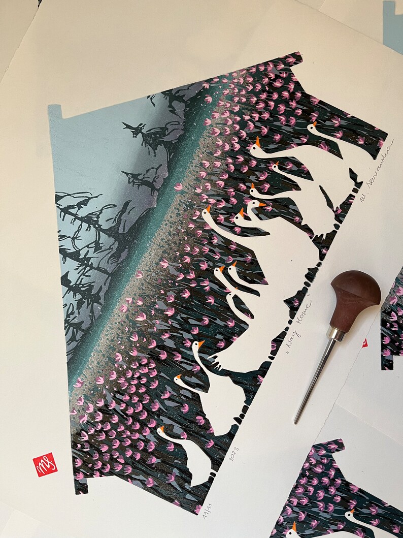 WAY HOME, Limited Edition, Reduction Print, Linocut Print, Geese ...
