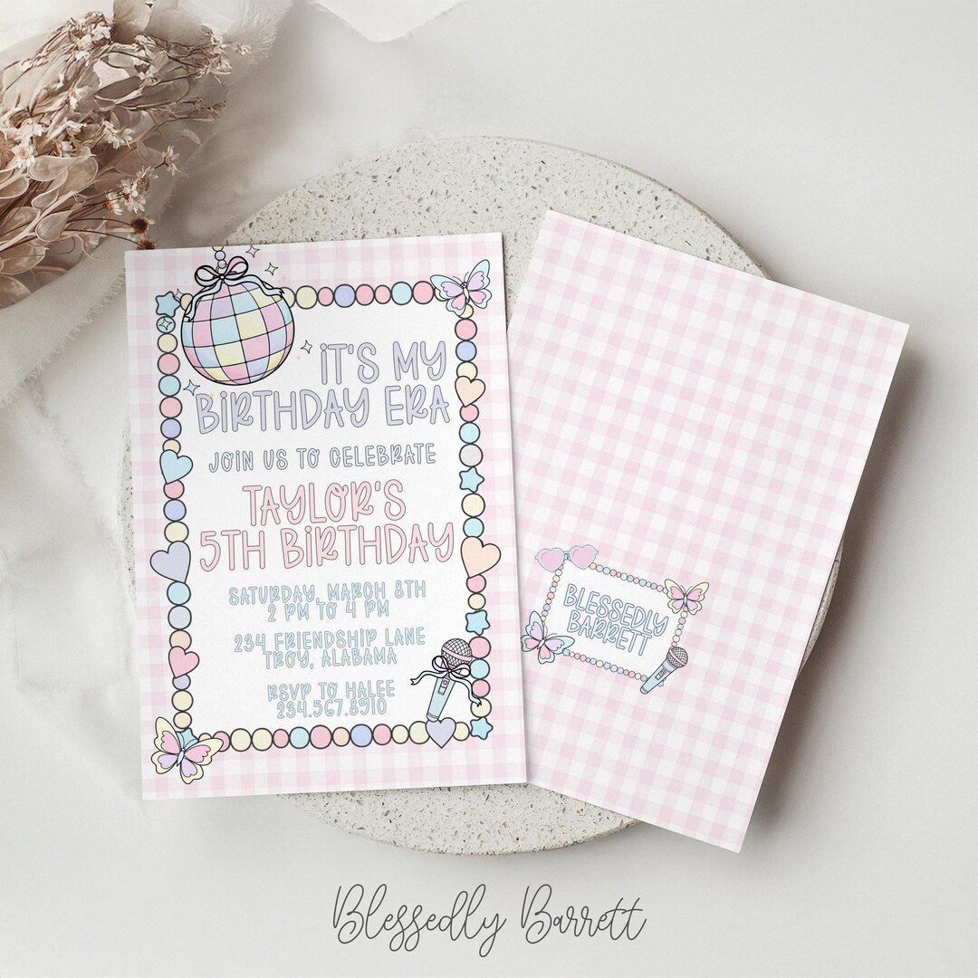 Pink Gingham Birthday Era Birthday Invitation, Friendship Bracelet ...