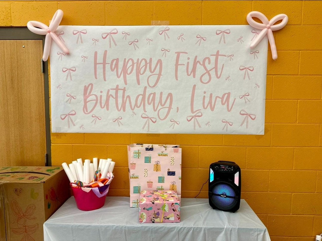 Grandmillennial Birthday Pink Bow Gingham Coquette Classic Paper Banner ...