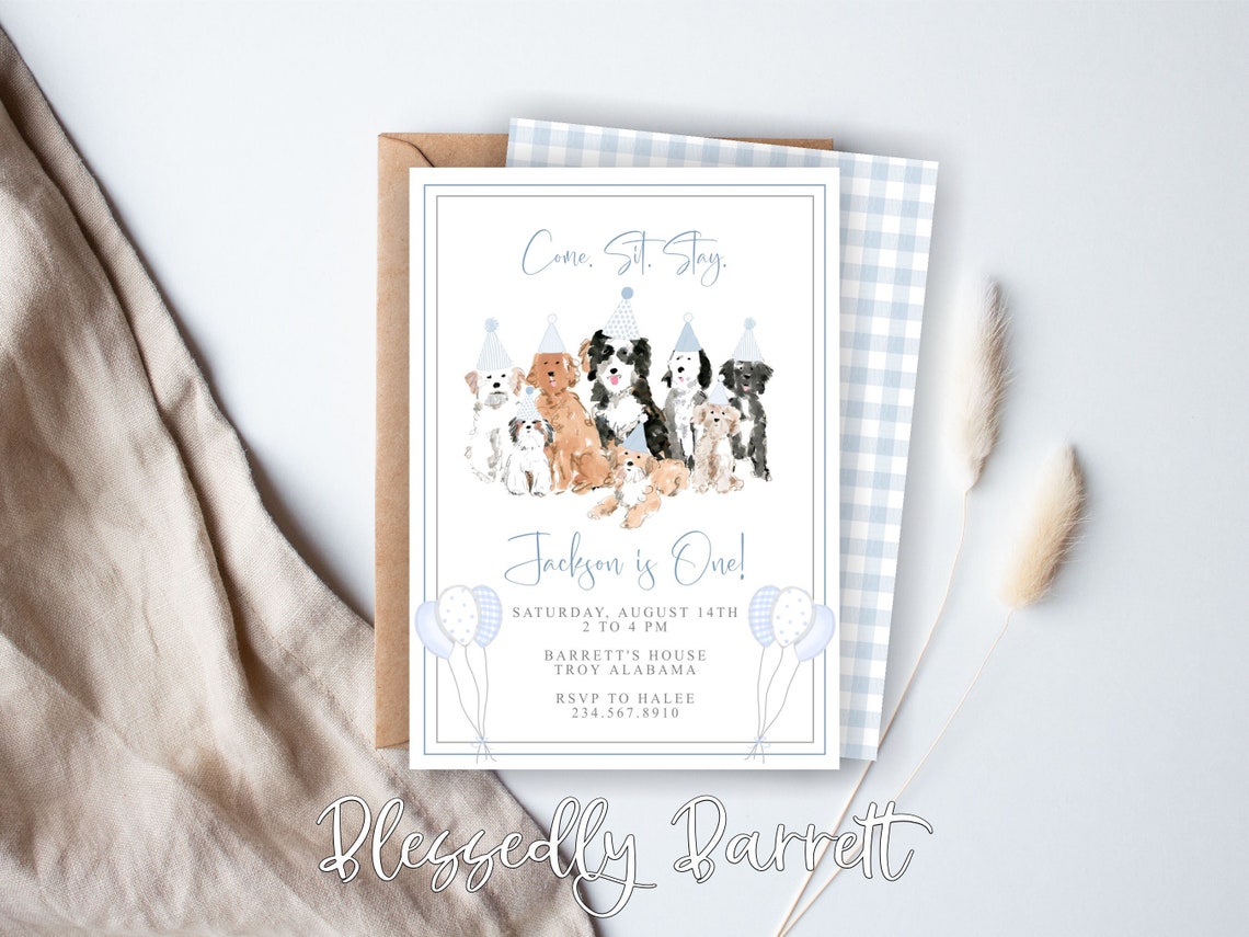 Grandmillennial Come Sit Stay BIRTHDAY Invitation | Puppy Dog | Snips ...