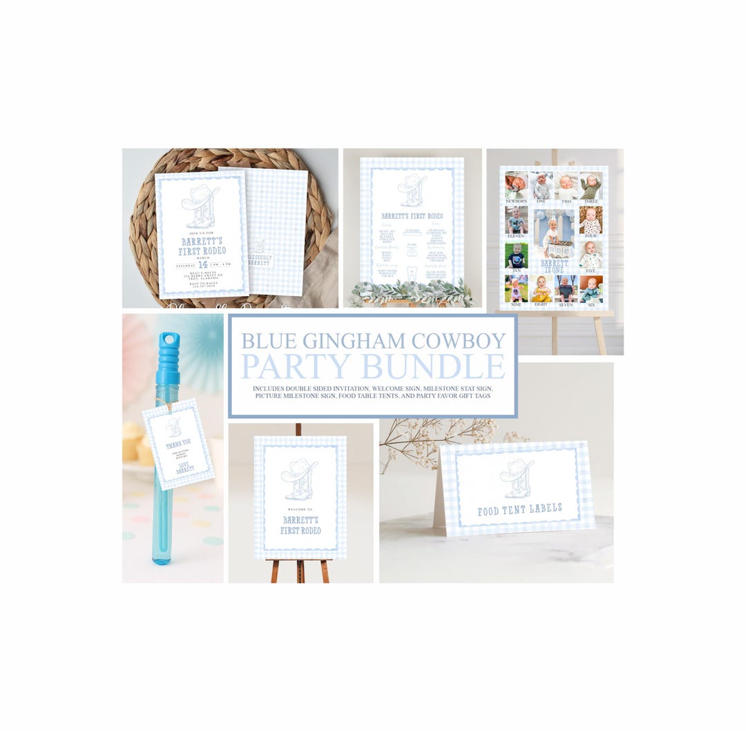 Rodeo Blue Gingham Picture Bundle Deal, Timeline Sign, Birthday Decor ...