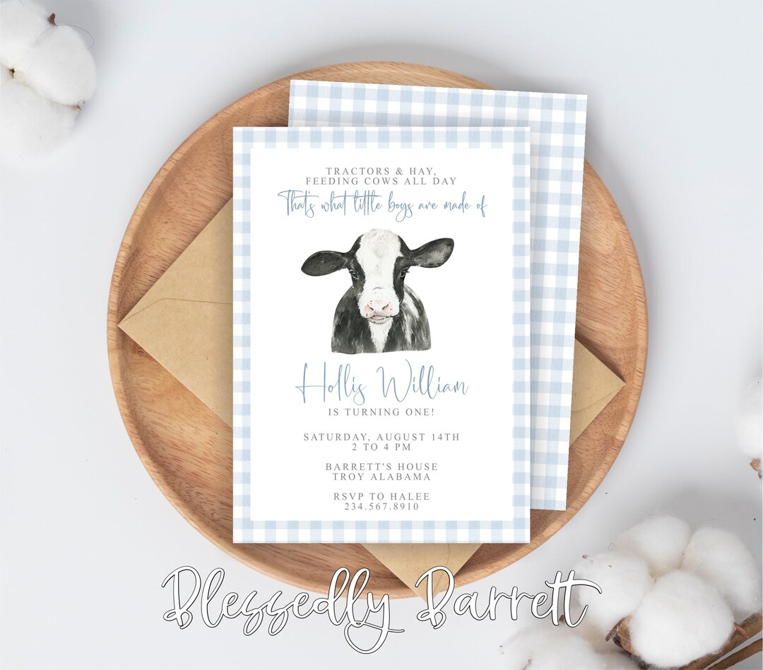 First Birthday Invitation | Tractors and Hay Feeding Cows All Day | Moo ...
