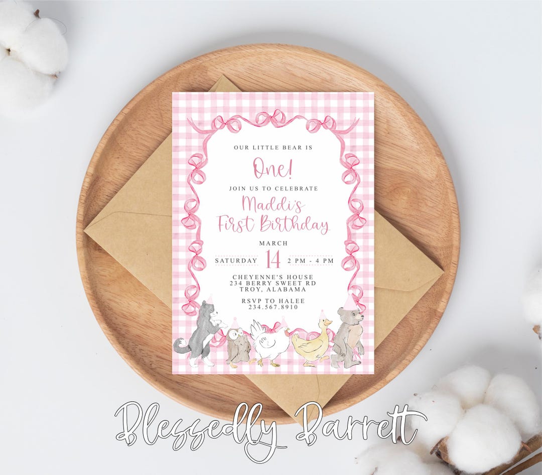 Pink Gingham Vintage Bear Invitation | Classic Little Bear | Goose Duck ...