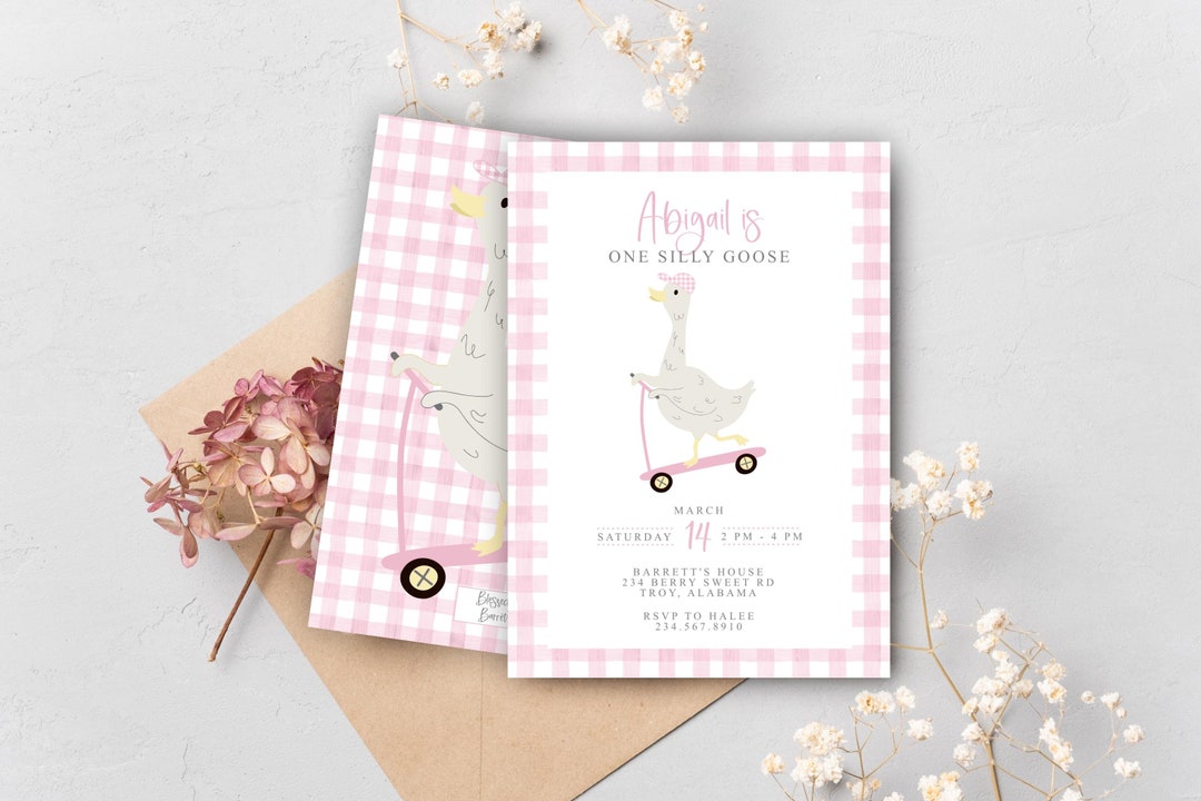 Pink One Silly Goose Party Invitation | Pink Gingham | Watercolor ...