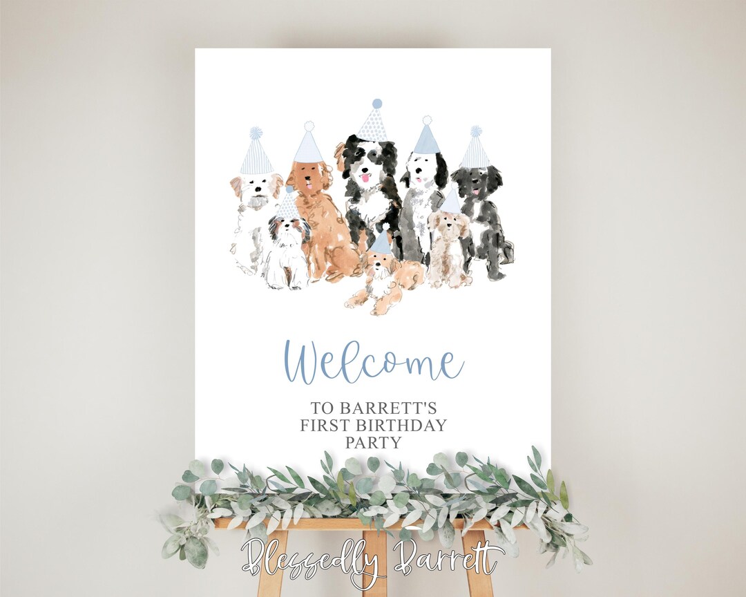 Blue First Puppy Dog First Birthday Sign: Grandmillennial Party Decor ...