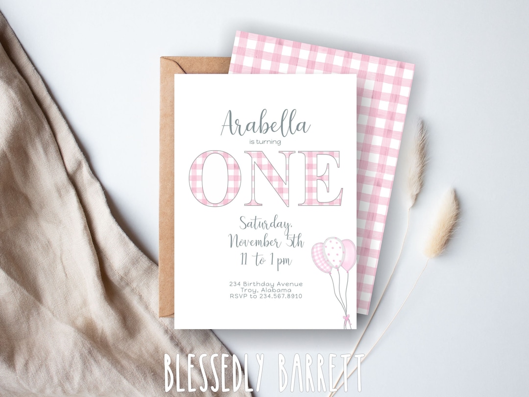 Pink Gingham Birthday Invite | Minimalist | 1st Birthday | 2nd Birthday ...