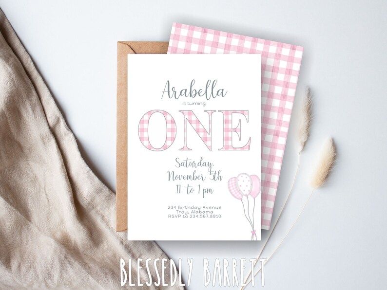 Pink Gingham Birthday Invite Minimalist 1st Birthday 2nd - Etsy