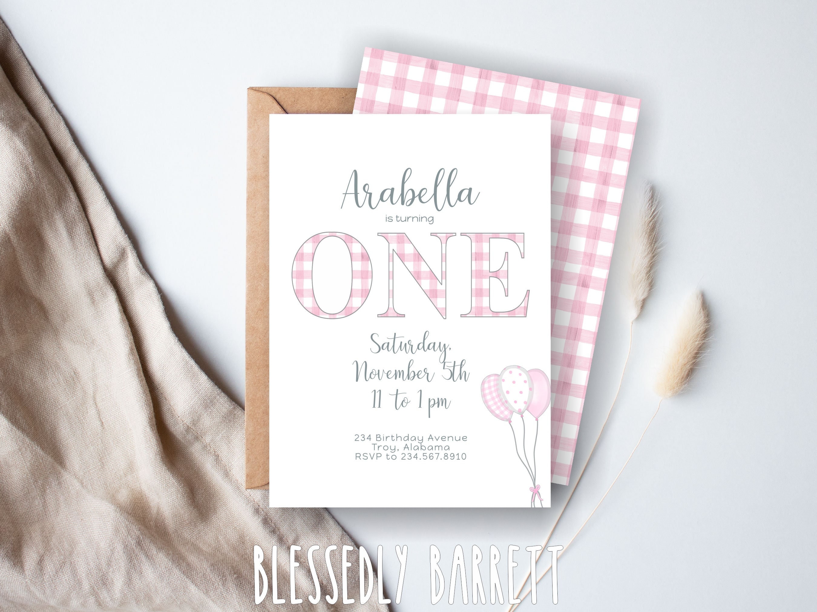 Pink Gingham Birthday Invite Minimalist 1st Birthday 2nd - Etsy