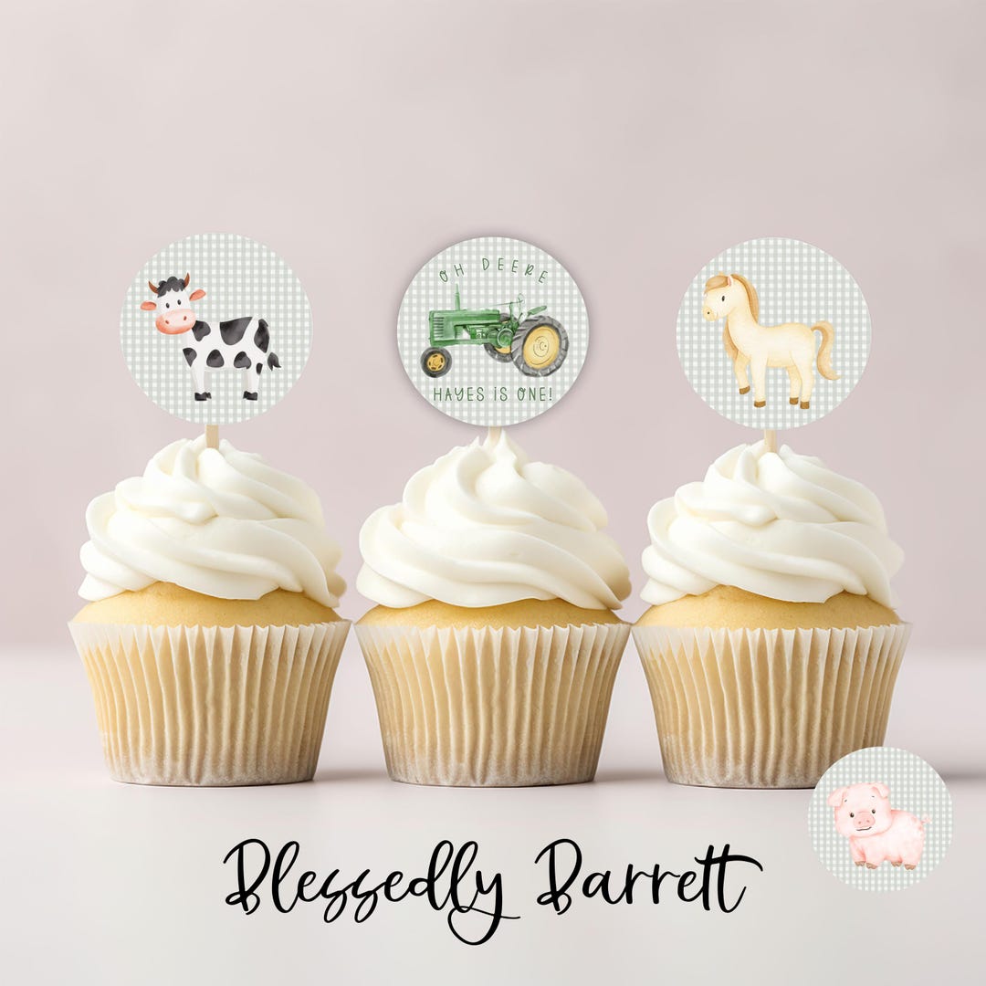 Farm First Birthday Tractor Cupcake Toppers: Vintage Green Tractor ...