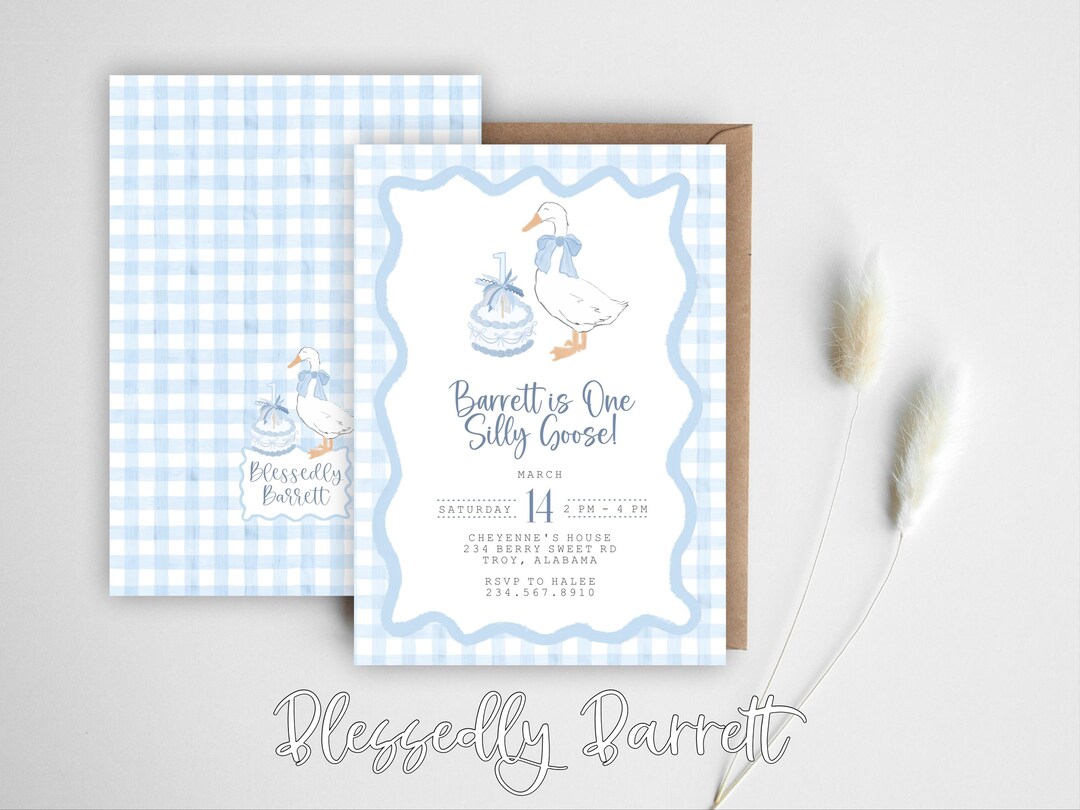 Classic Grandmillennial One Silly Goose Birthday Invitation, Blue ...