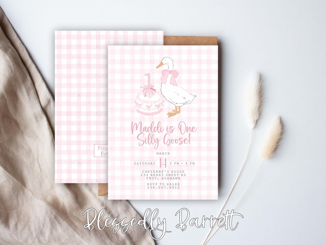 Grandmillennial One Silly Goose Birthday Invitation | Pink Gingham ...