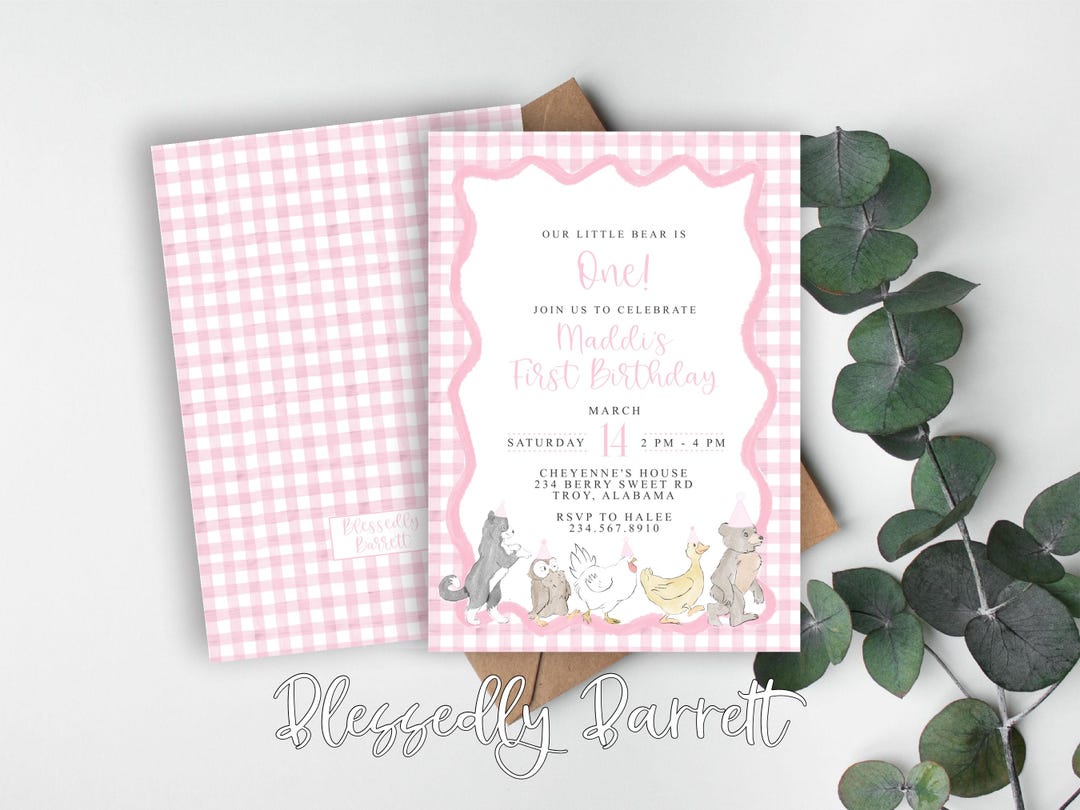 Pink Gingham Vintage Bear Invitation | Classic Little Bear | Goose Duck ...