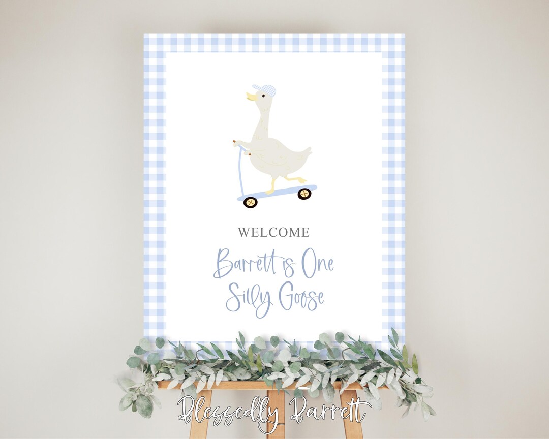 One Silly Goose Party Welcome Sign | Blue Gingham | Watercolor | First ...