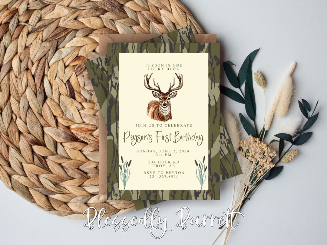 BIG ONE Birthday Invite | One Lucky Buck | Deer | Hunting | Whitetail ...
