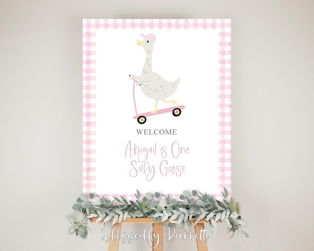 One Silly Goose Party Welcome Sign | Pink Gingham | Watercolor | First ...