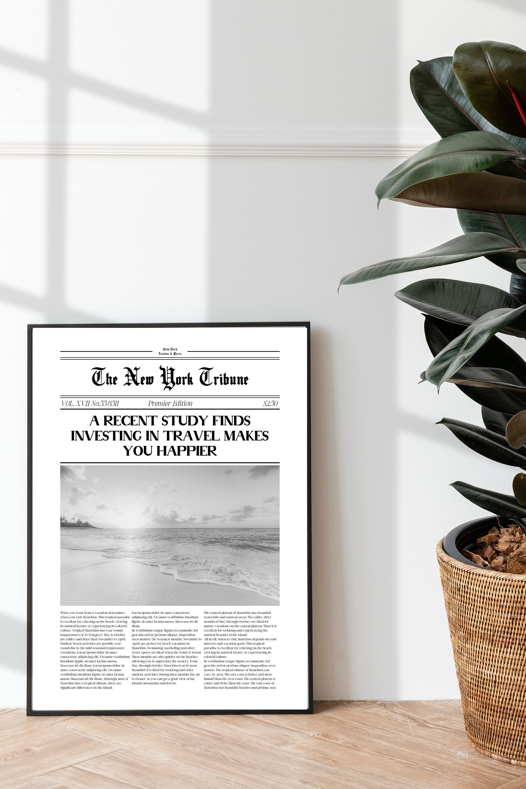 Travel Makes You Happier Newspaper Print, Black White Travel Poster ...