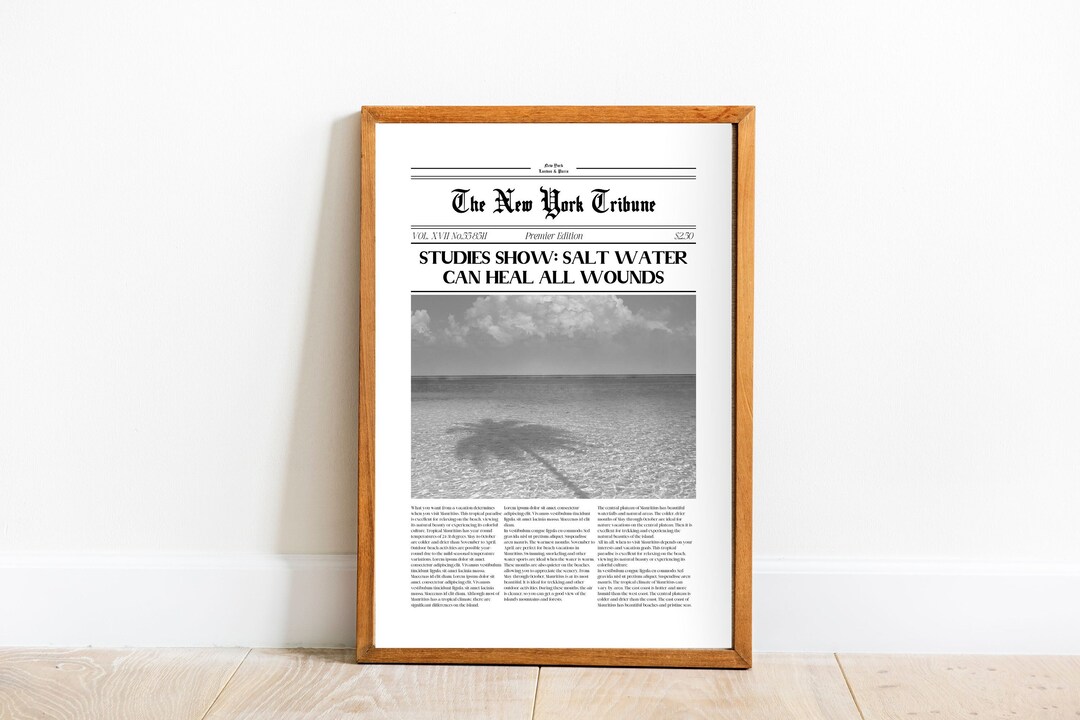 Ocean Water Newspaper Print, Black White Travel Poster, Beach Wall Art ...