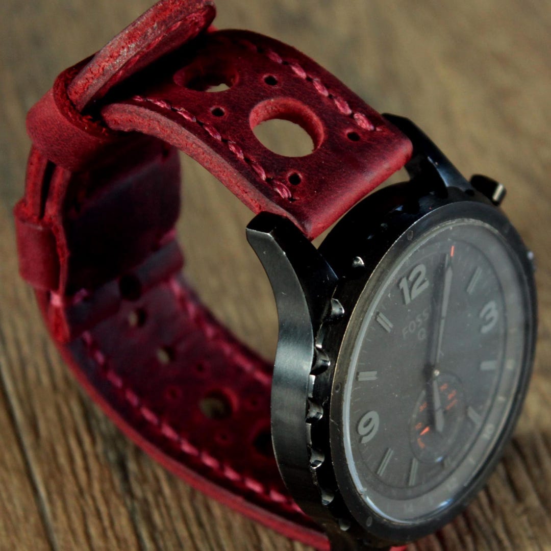 Handmade Red Leather Watch Strap Ruby Racing Style Crazy Horse Vintage ...
