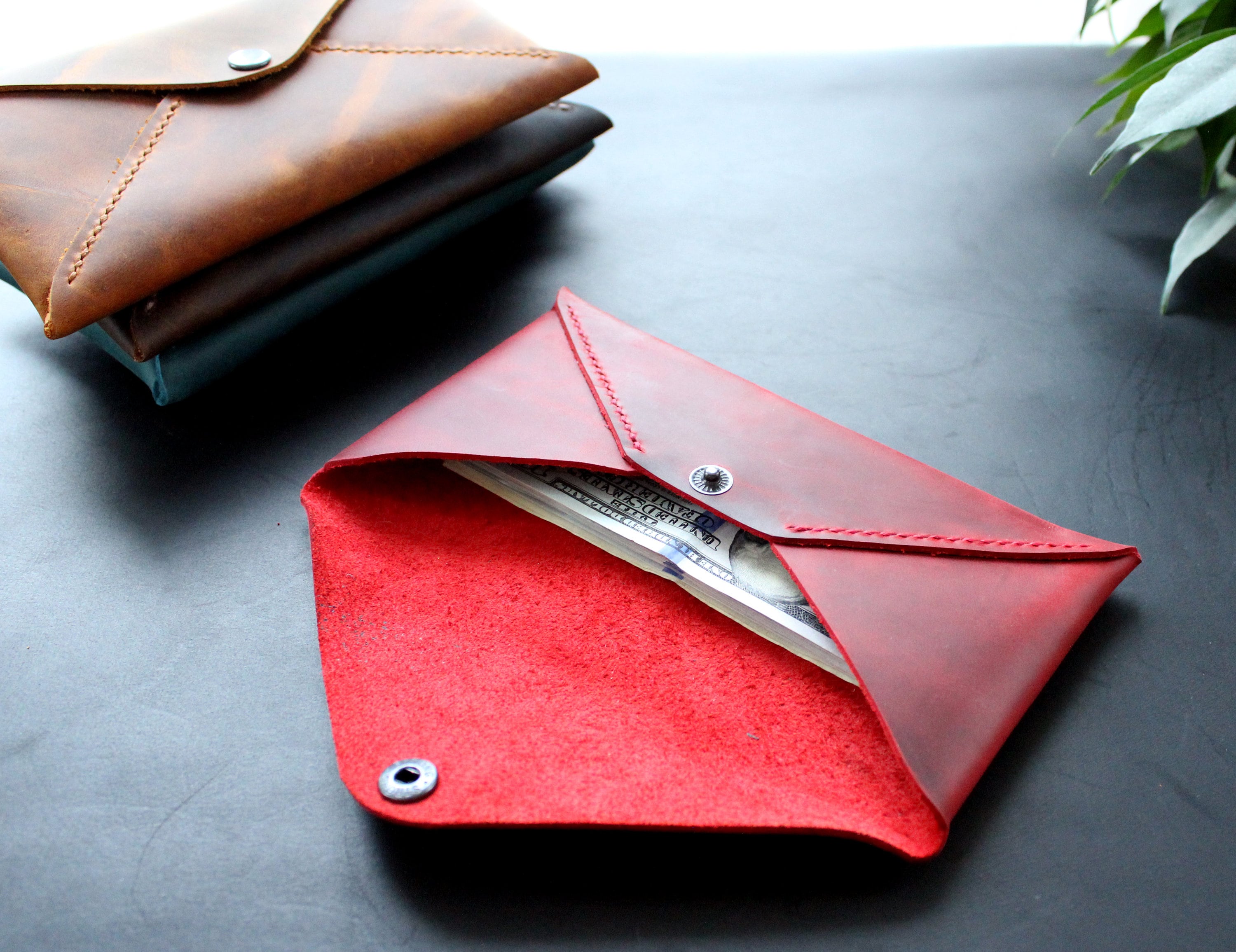 Leather Cash Envelope Wallet, Long Wallet, Petite Leather Clutch, Slim ...