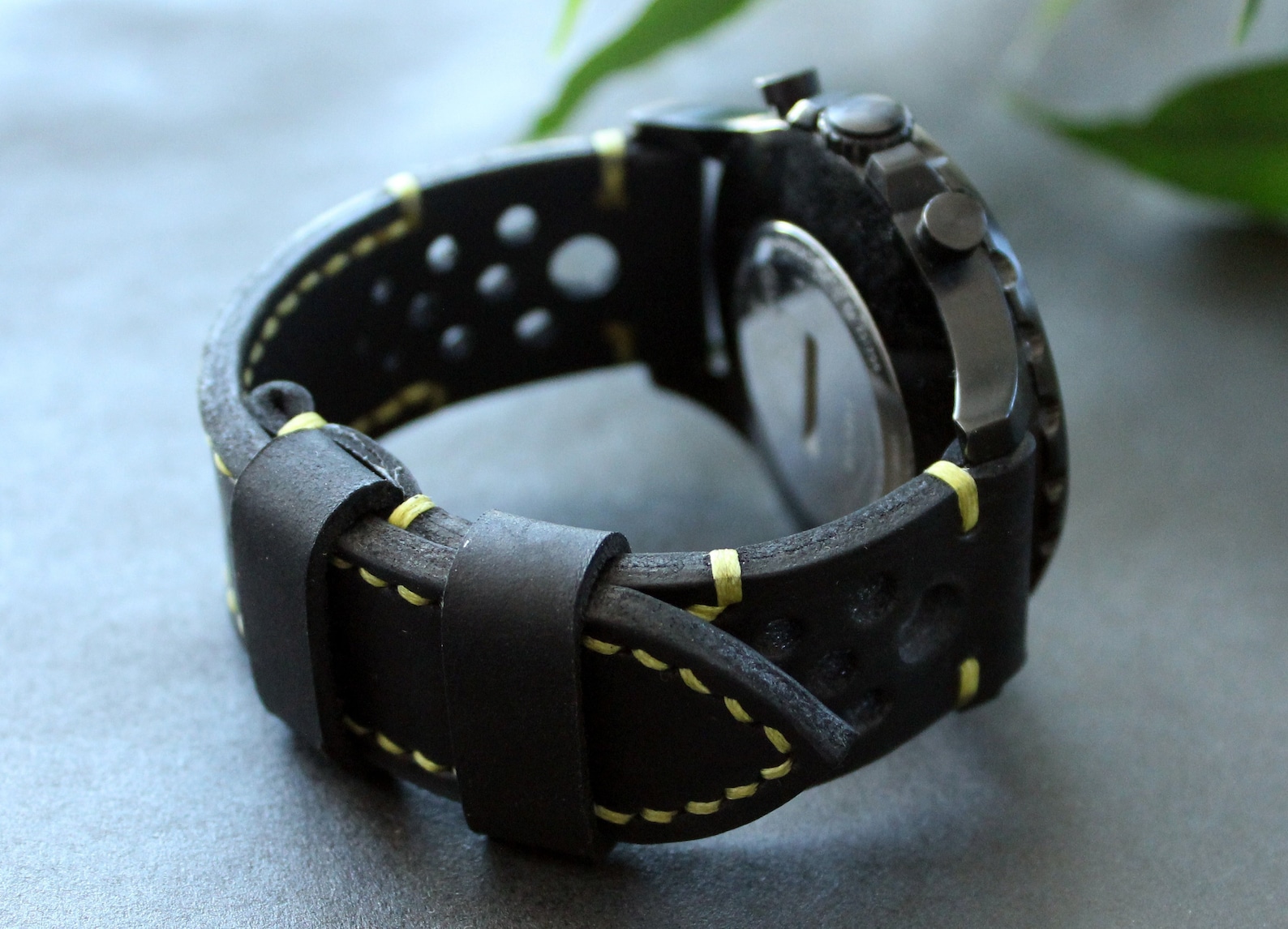 Custom Colors Real Leather Watch Strap Black Yellow Men's Watch Band ...