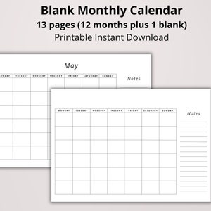 Printable Blank Undated Calendar With Notes, Monday Sunday Start ...