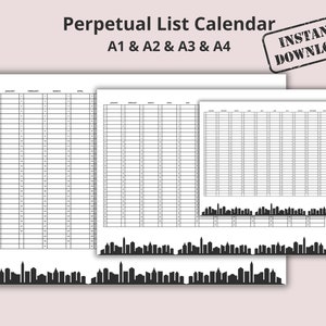 One Page Printable Perpetual Calendar With City Skyline, Birthday or ...