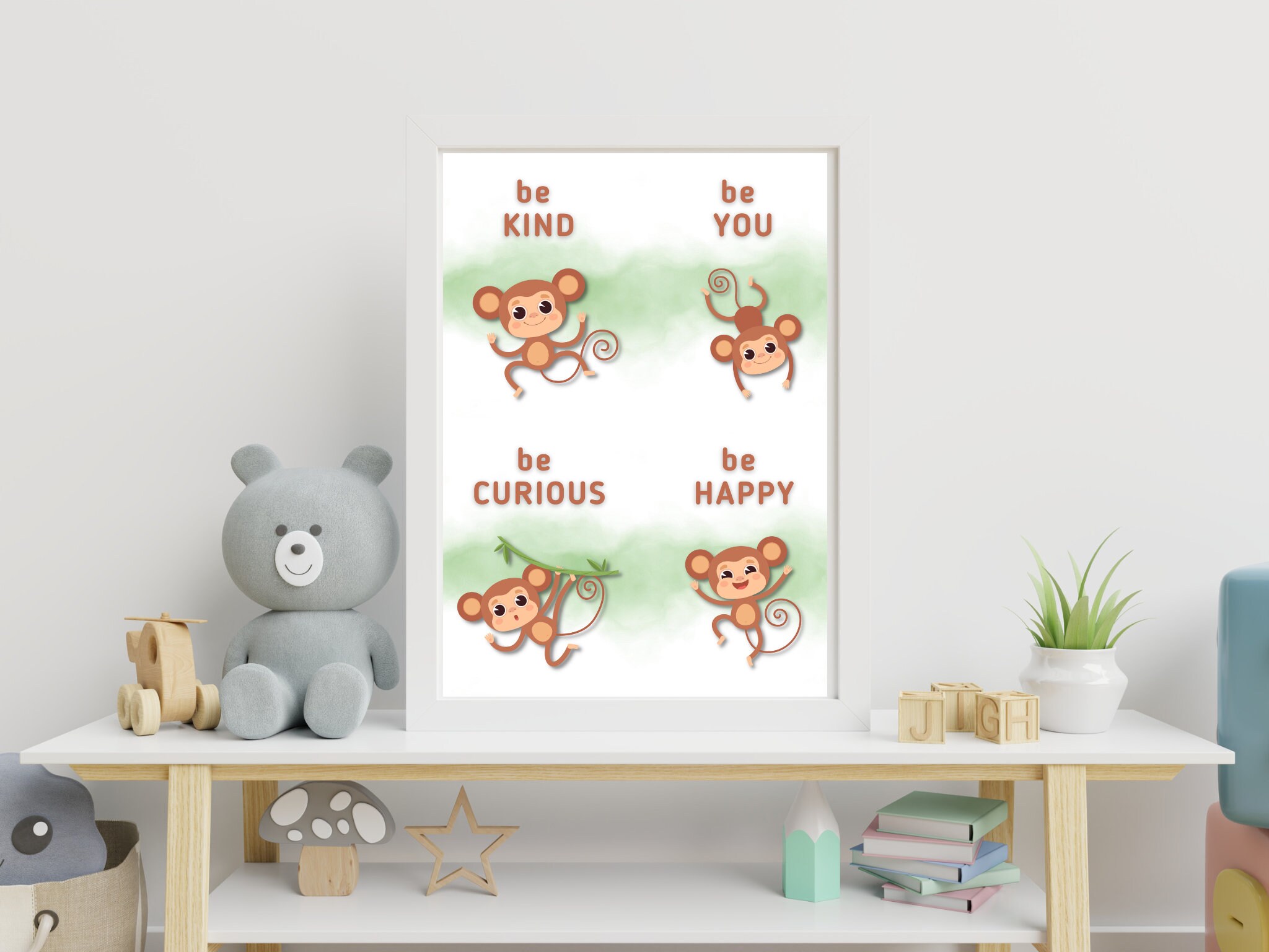 Affirmations Wall Art for Kids, Be Curious Kind Monkey Print ...