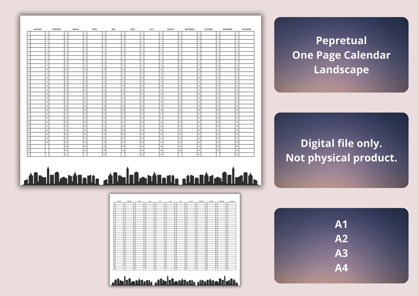 One Page Printable Perpetual Calendar With City Skyline, Birthday or ...