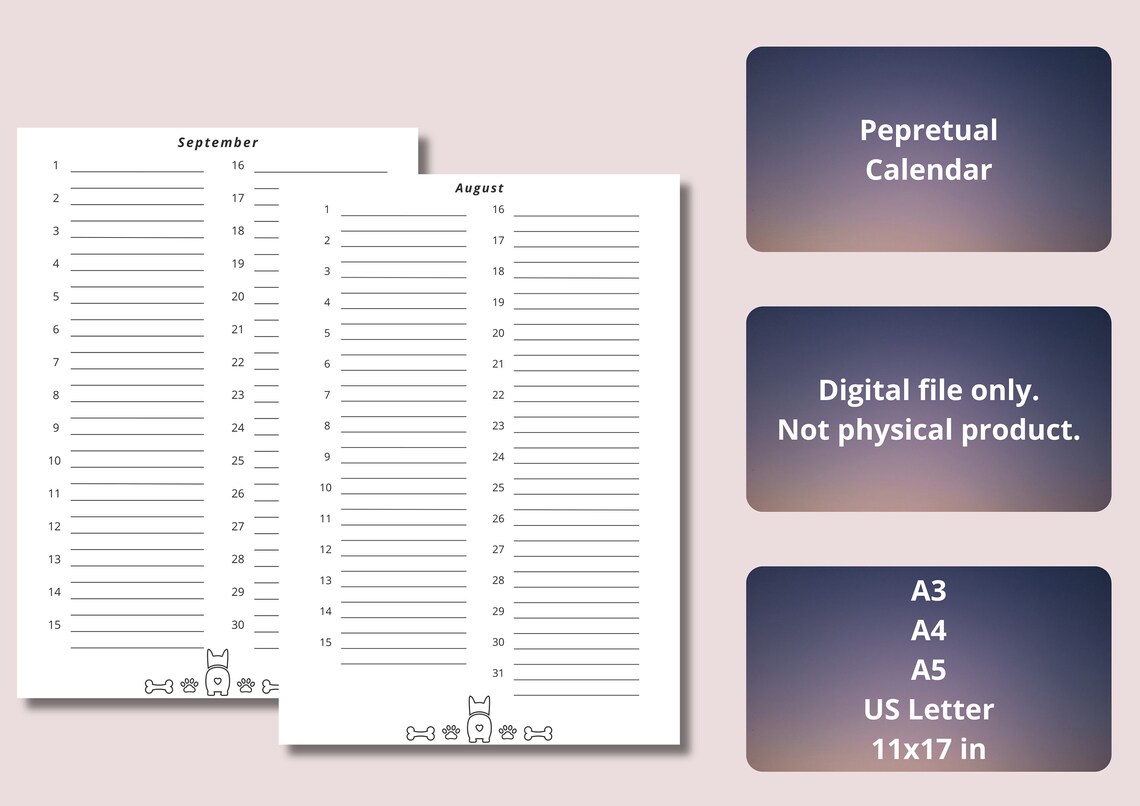 Printable Dog Perpetual Calendar: Undated Birthday Planner (A3 A4 A5 US ...