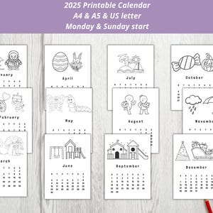 2025 Printable Kids Coloring Pages Calendar, 2025 Monthly Classroom or ...