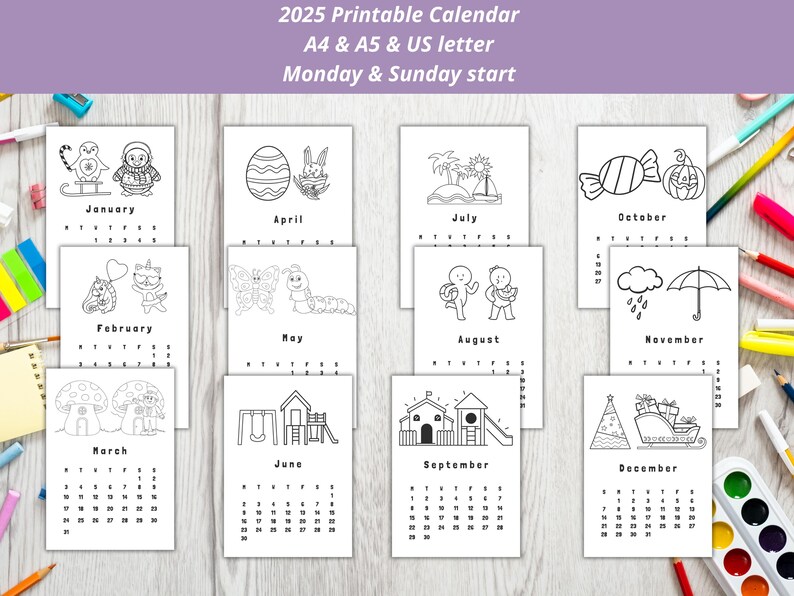 2025 Printable Kids Coloring Pages Calendar, 2025 Monthly Classroom or ...