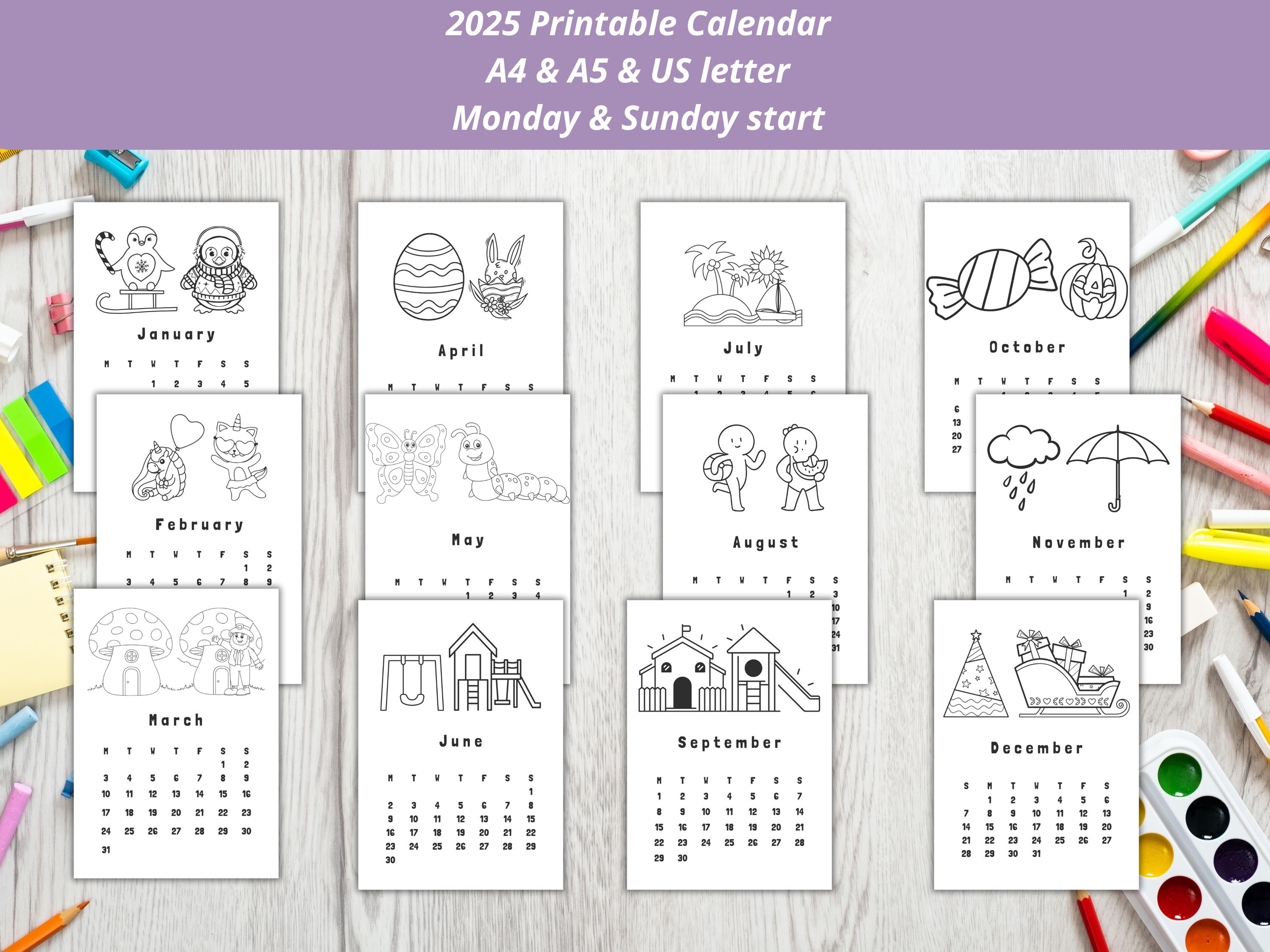2025 Printable Kids Coloring Pages Calendar, 2025 Monthly Classroom or ...