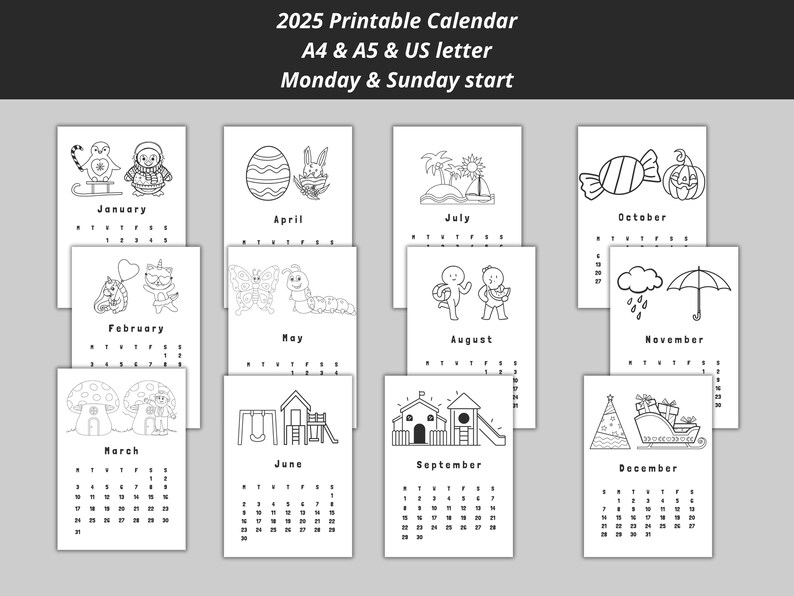 2025 Printable Kids Coloring Pages Calendar, 2025 Monthly Classroom or ...