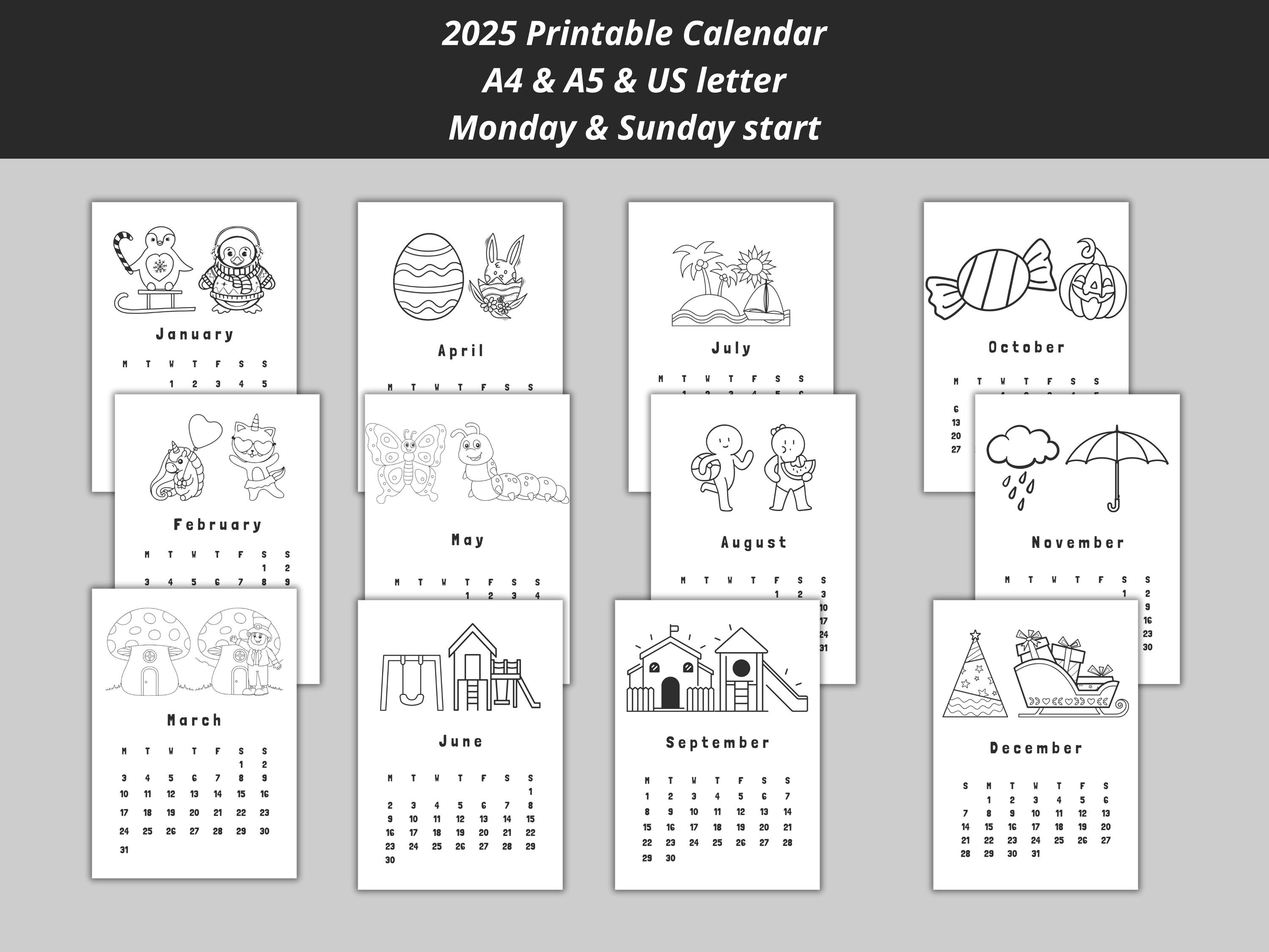 2025 Printable Kids Coloring Pages Calendar, 2025 Monthly Classroom or ...