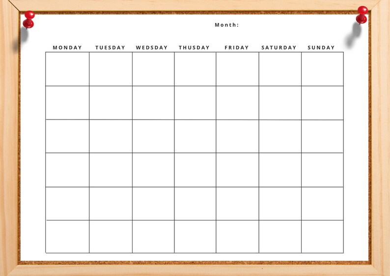Blank Printable Calendar by Week, Reusable Monthly Calendar, Monday ...