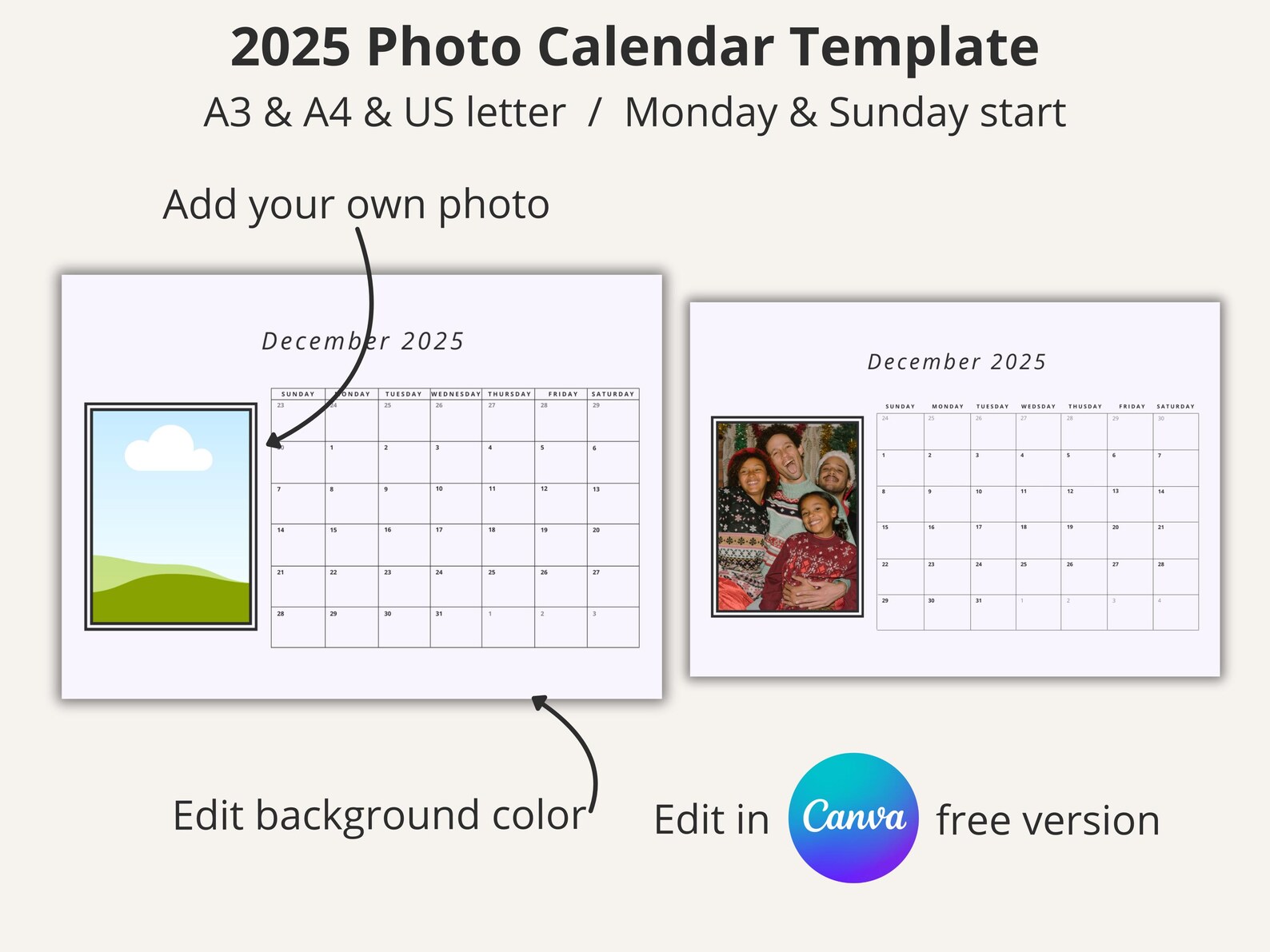 2025 Custom Photo Calendar Template: Family Wall or Desk (canva ...