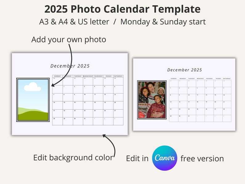 2025 Custom Photo Calendar Template: Family Wall or Desk (canva ...