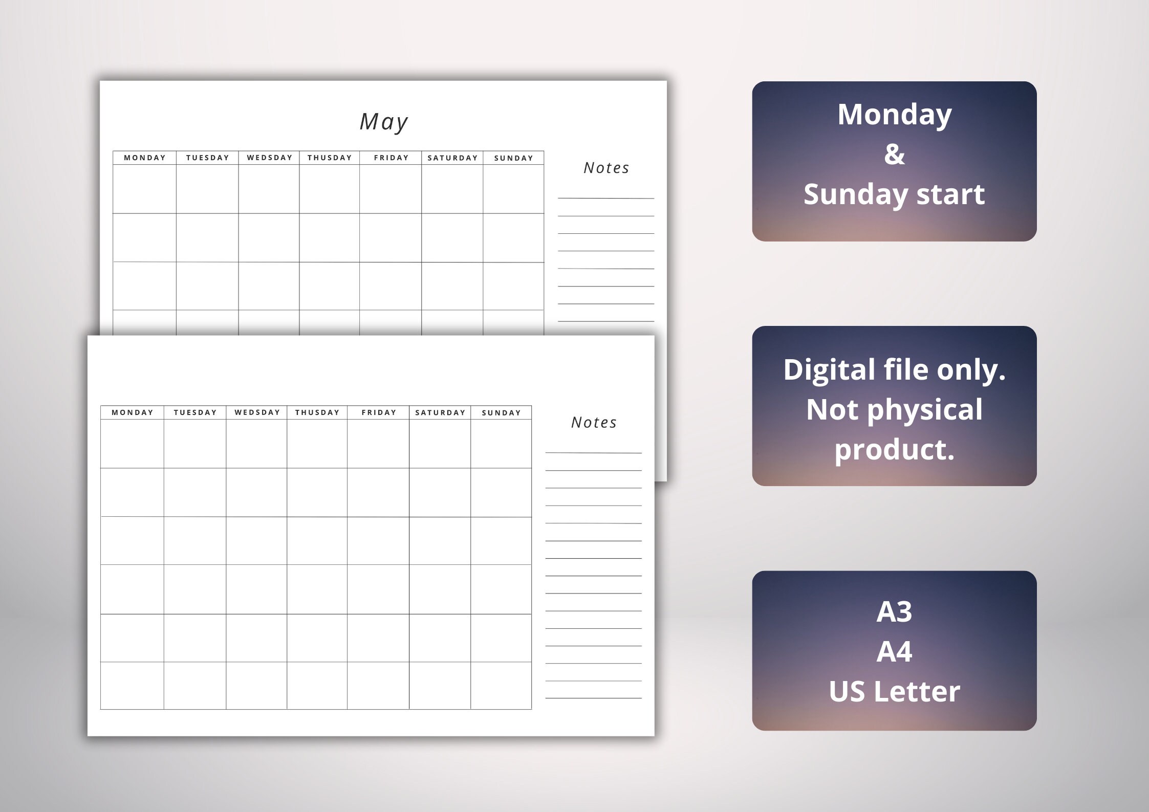 Printable Blank Undated Calendar With Notes, Monday Sunday Start ...