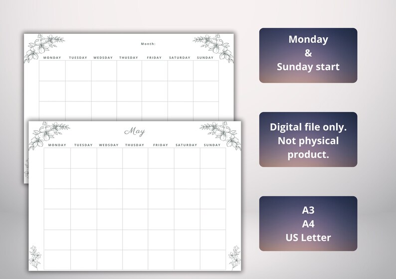 Floral Blank Monthly Calendar: A3 A4 US Letter (printable PDF) - Etsy