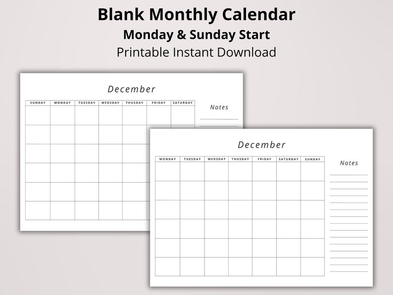 Printable Blank Undated Calendar With Notes, Monday Sunday Start ...