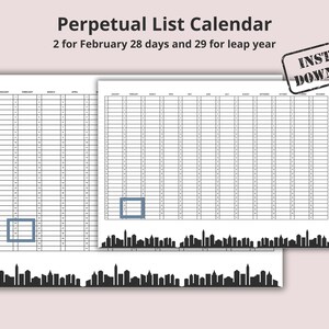 One Page Printable Perpetual Calendar With City Skyline, Birthday or ...