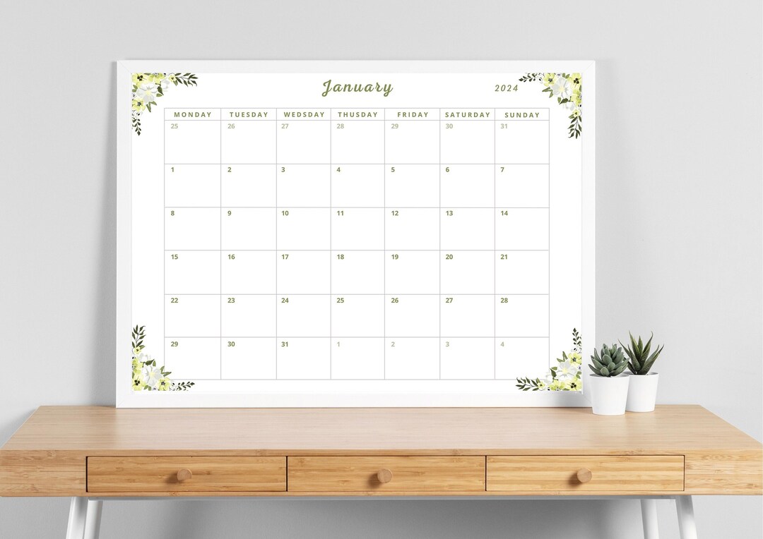 2024 Monthly Printable Flower Calendar, Monday Sunday Start,elegant ...
