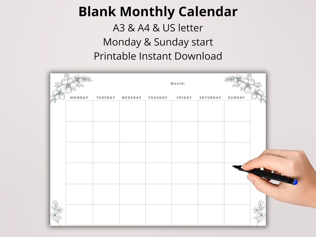 Monthly Blank Printable Calendar, Monday or Sunday Start, Elegant ...