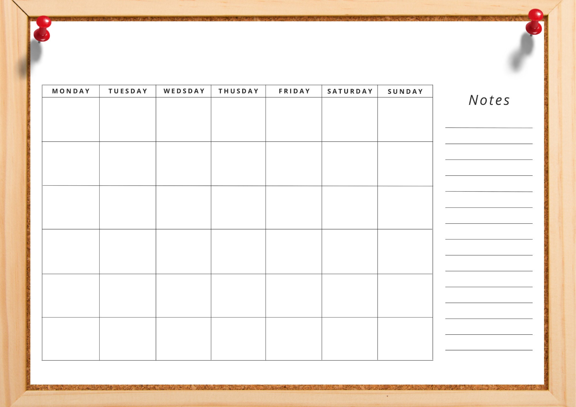 Printable Blank Undated Calendar With Notes, Monday Sunday Start ...
