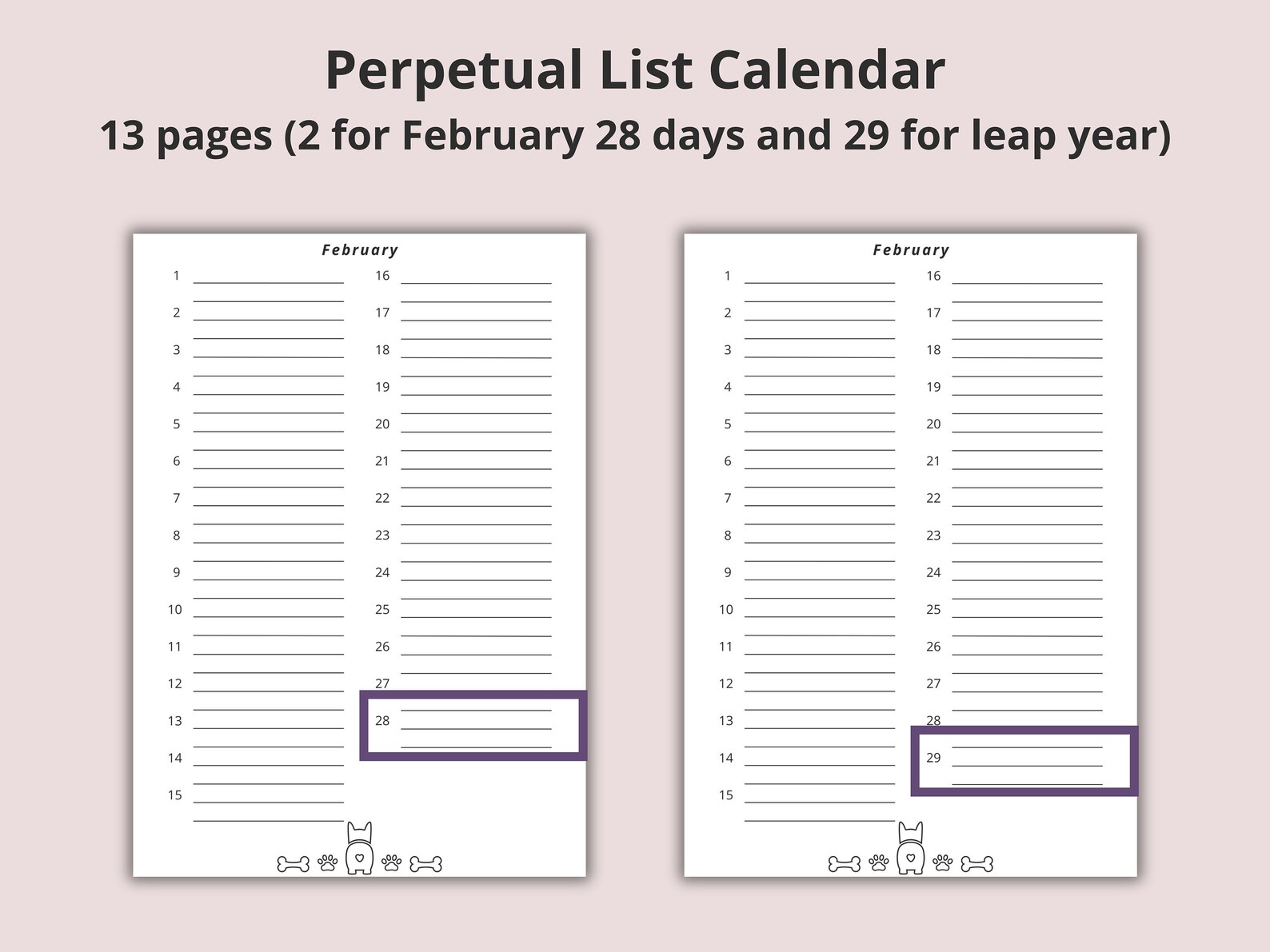 Printable Dog Perpetual Calendar: Undated Birthday Planner (A3 A4 A5 US ...