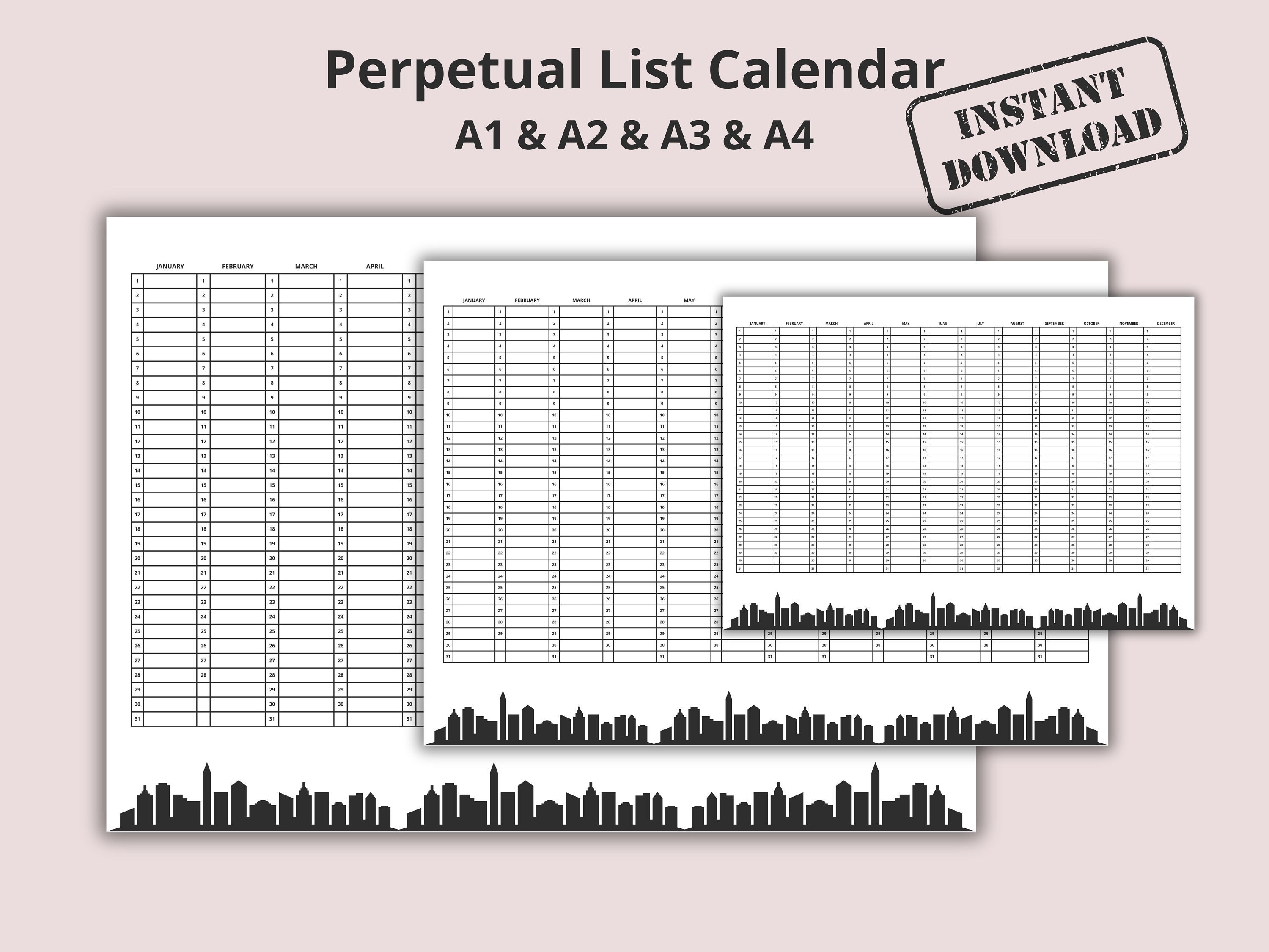 One Page Printable Perpetual Calendar With City Skyline, Birthday or ...
