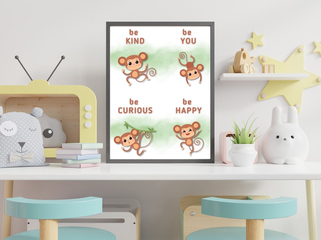 Affirmations Wall Art for Kids, Be Curious Kind Monkey Print ...