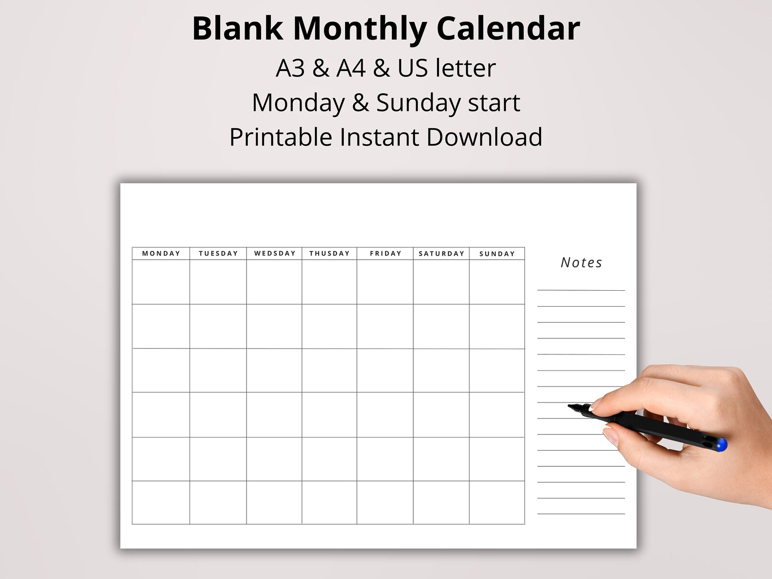 Printable Blank Monthly Calendar With Notes (A3 A4 US Letter) (digital ...