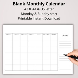 Printable Blank Undated Calendar With Notes, Monday Sunday Start ...