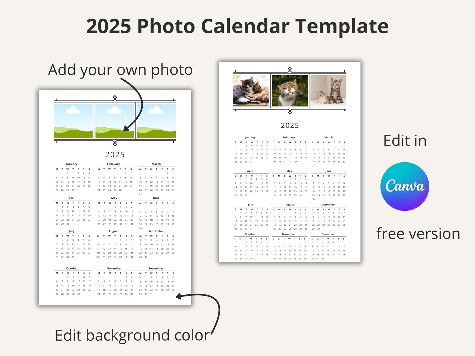 2025 Custom Photo One Page Calendar, Editable in Canva Calendar ...